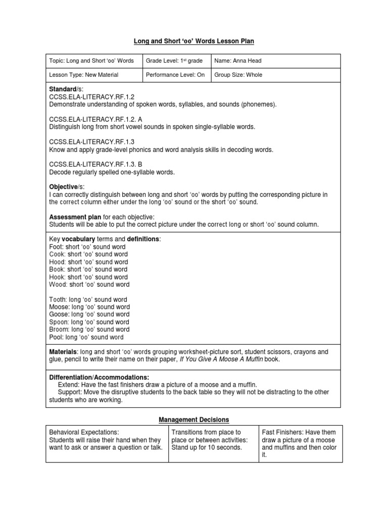 Long and Short 'oo' Words Lesson Plan | PDF | Phonics | Word