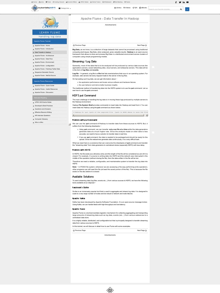 Apache Flume - Data Transfer in Hadoop - Tutorialspoint | PDF | Apache Hadoop | Apache Http Server