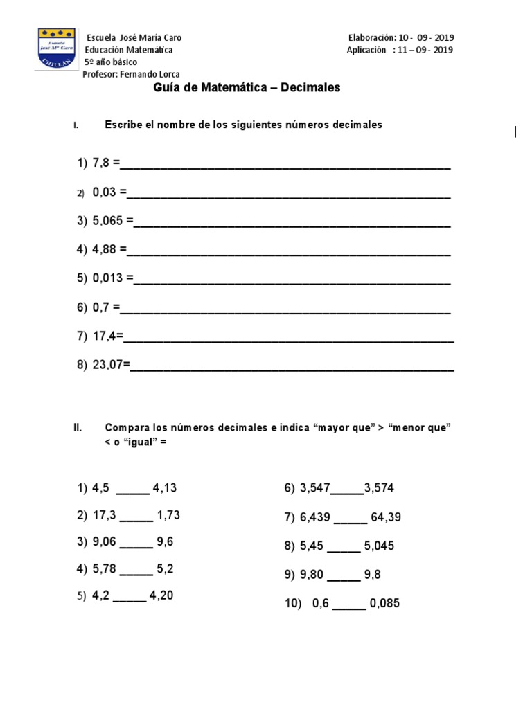 Guia Decimales Quinto Basico | PDF
