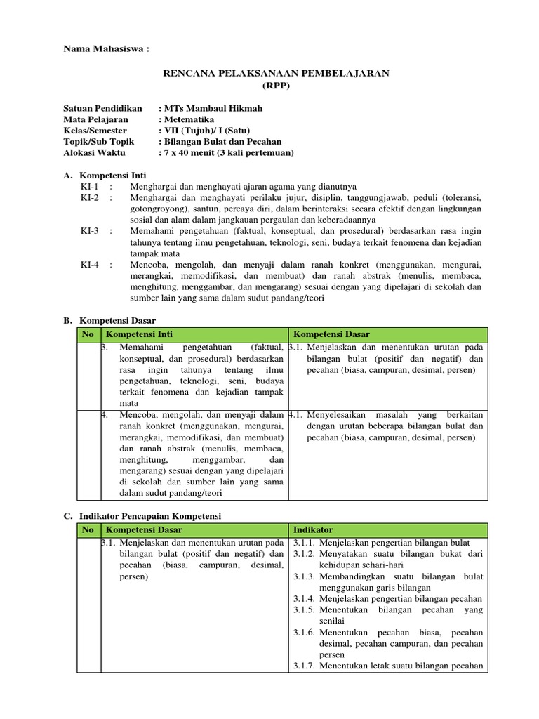 Tugas Akhir PPG 1. RPP Bilangan Bulat Dan Pecahan | PDF | Metode ...