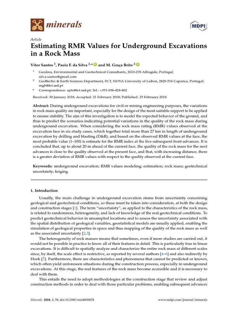 Minerals: Estimating RMR Values For Underground Excavations in A Rock ...