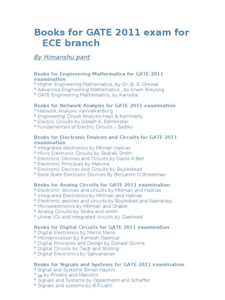 Books For GATE 2011 Exam For ECE Branch | PDF | Electronic Circuits ...
