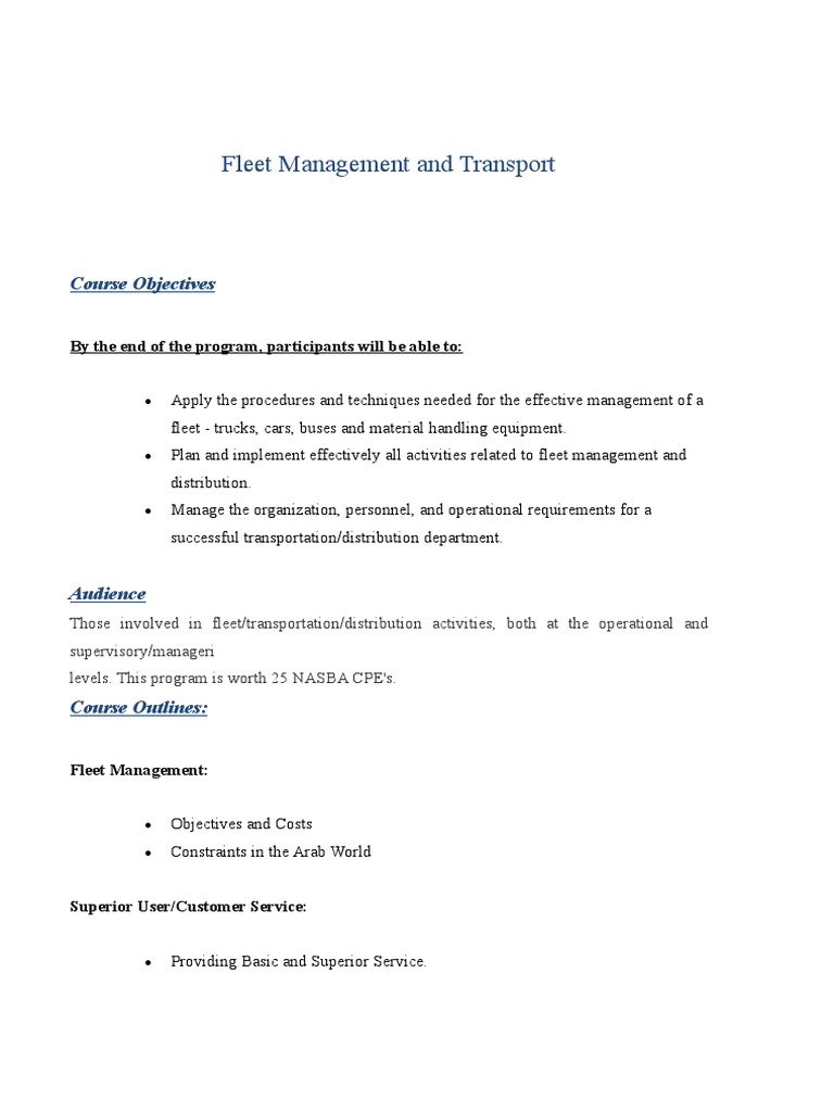 Fleet Management and Transport Course Overview | PDF | Technology ...
