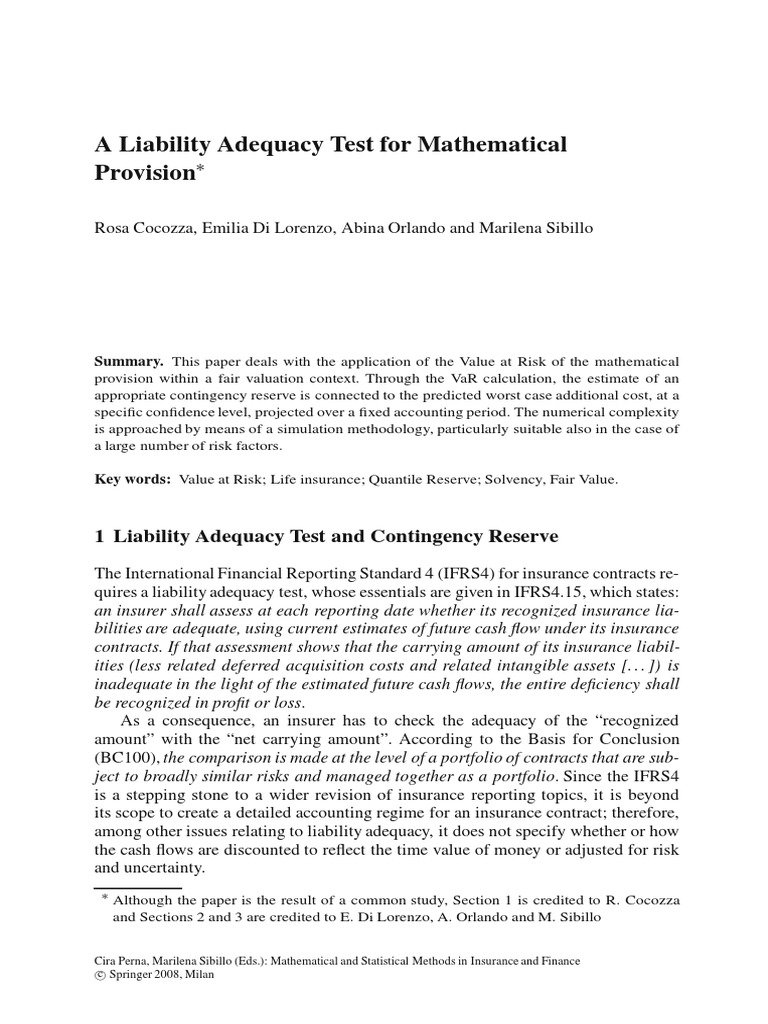 A Liability Adequacy Test For Mathematical Provision | PDF | Fair Value ...