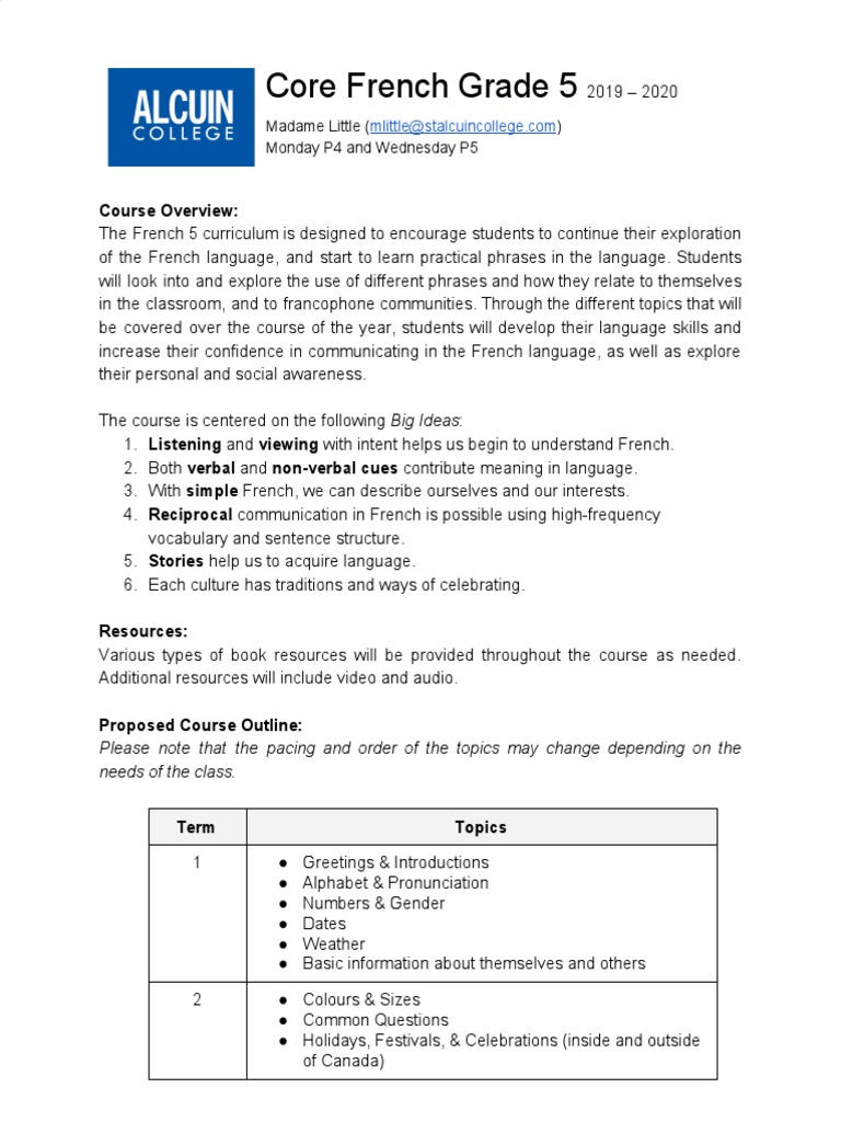 Course Outline French 5 1 | PDF | Homework | Curriculum