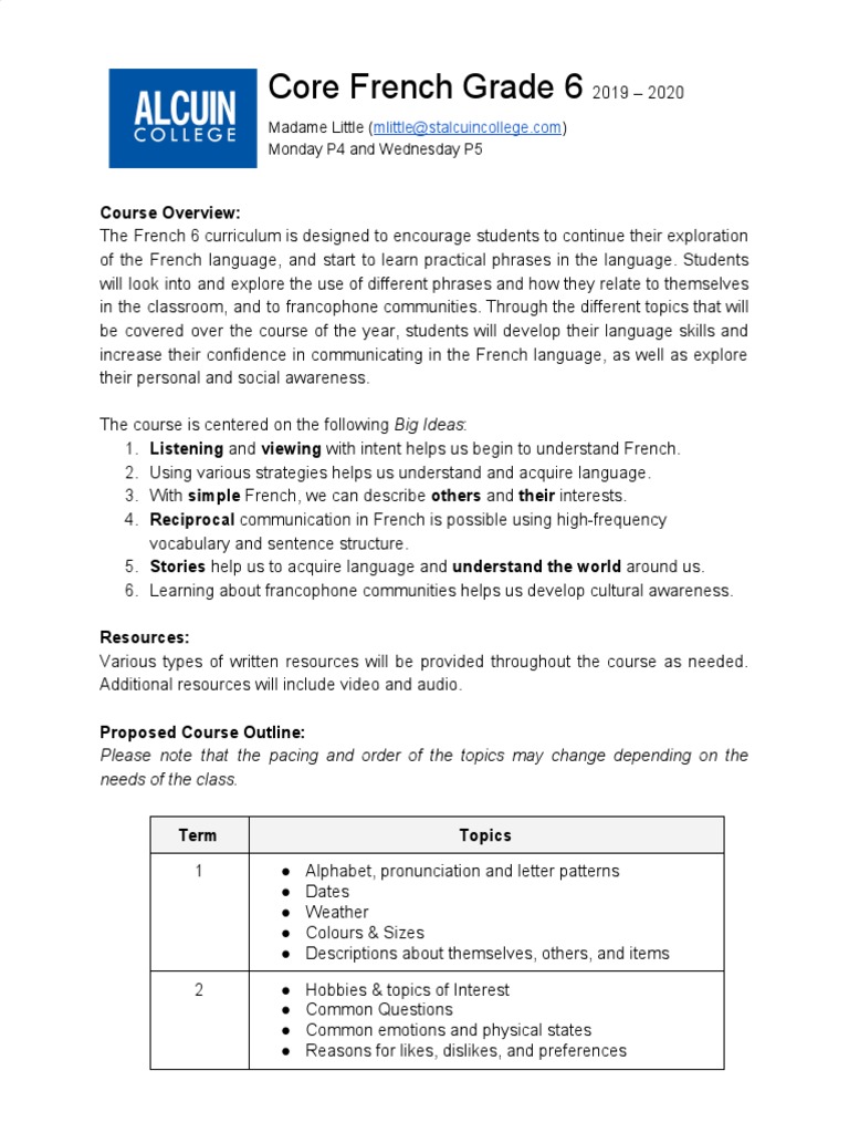 Grade 6 French Course Outline | PDF | Homework | French Language