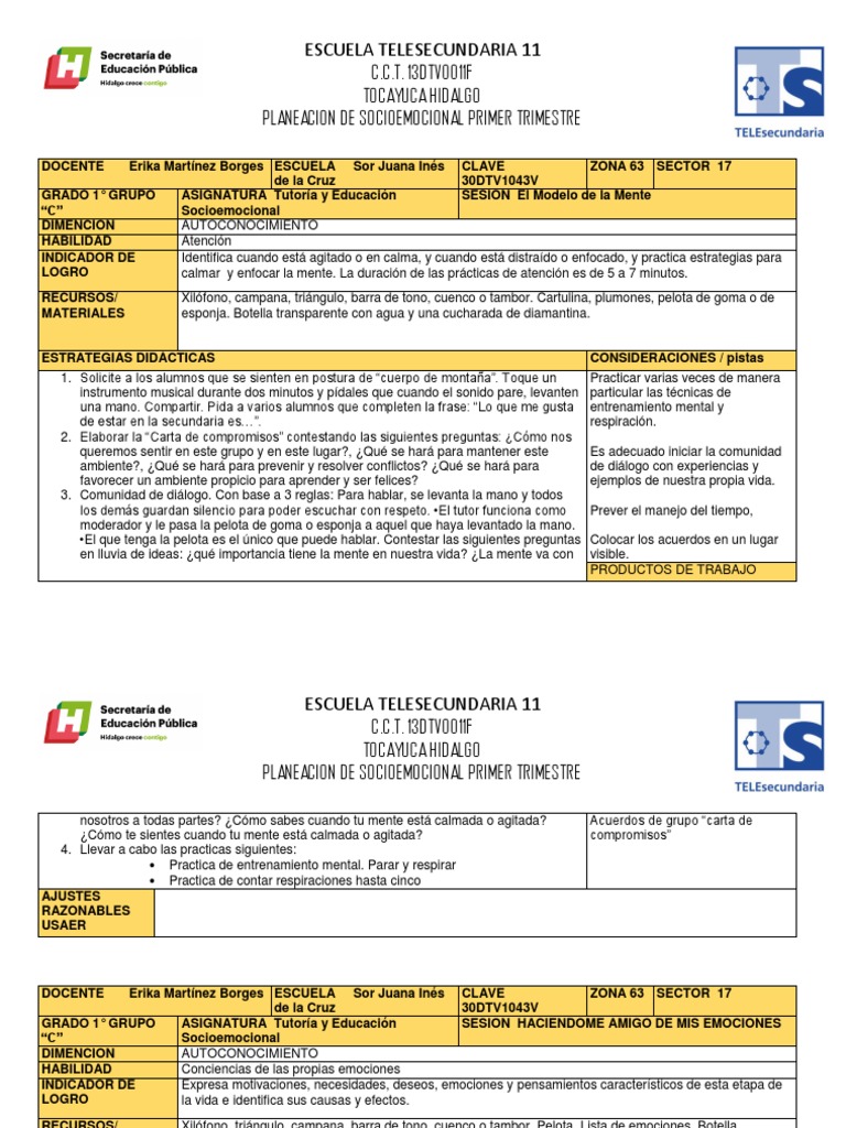 Planeacion Socioemocional | PDF | Mente | Educación Secundaria