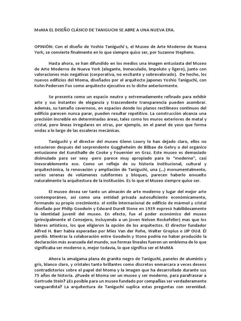 Moma El Diseño Clásico de Taniguchi Se Abre A Una Nueva Era | PDF ...