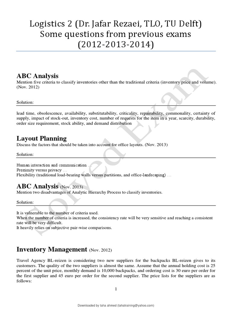 Test Exam Practice Questions and Answers Logistics 2 2012 2013 2014 ...
