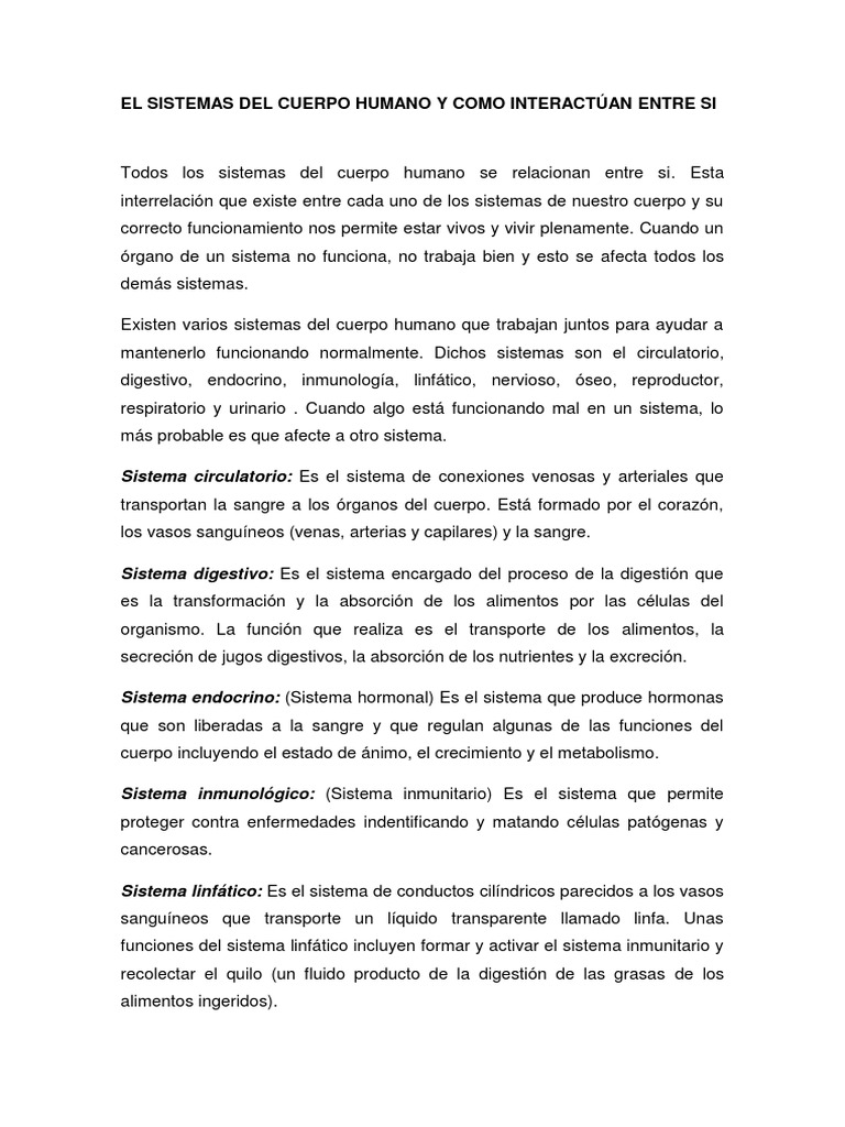 El Sistemas Del Cuerpo Humano y Como Interactúan Entre Si | PDF ...