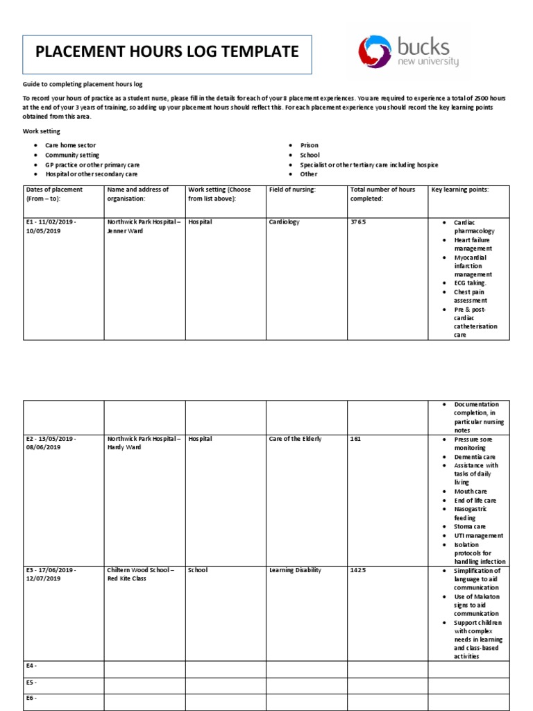 Placement Hours Log Template | PDF | Nursing | Mental Health