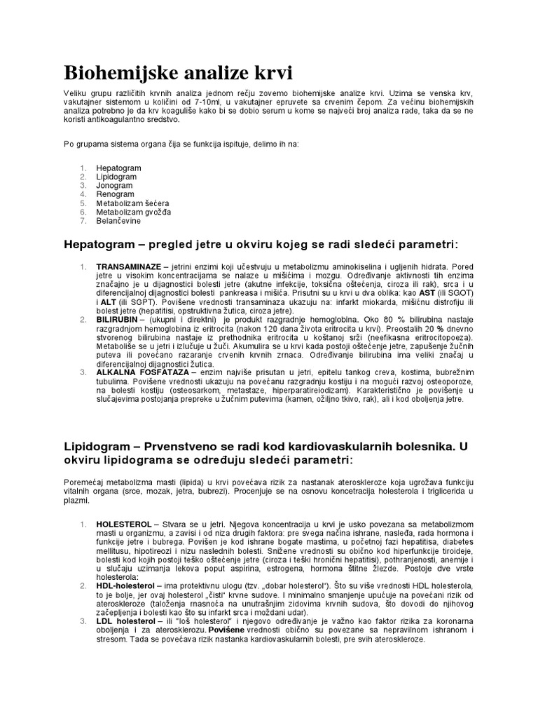 Biohemijske Analize Krvi | PDF