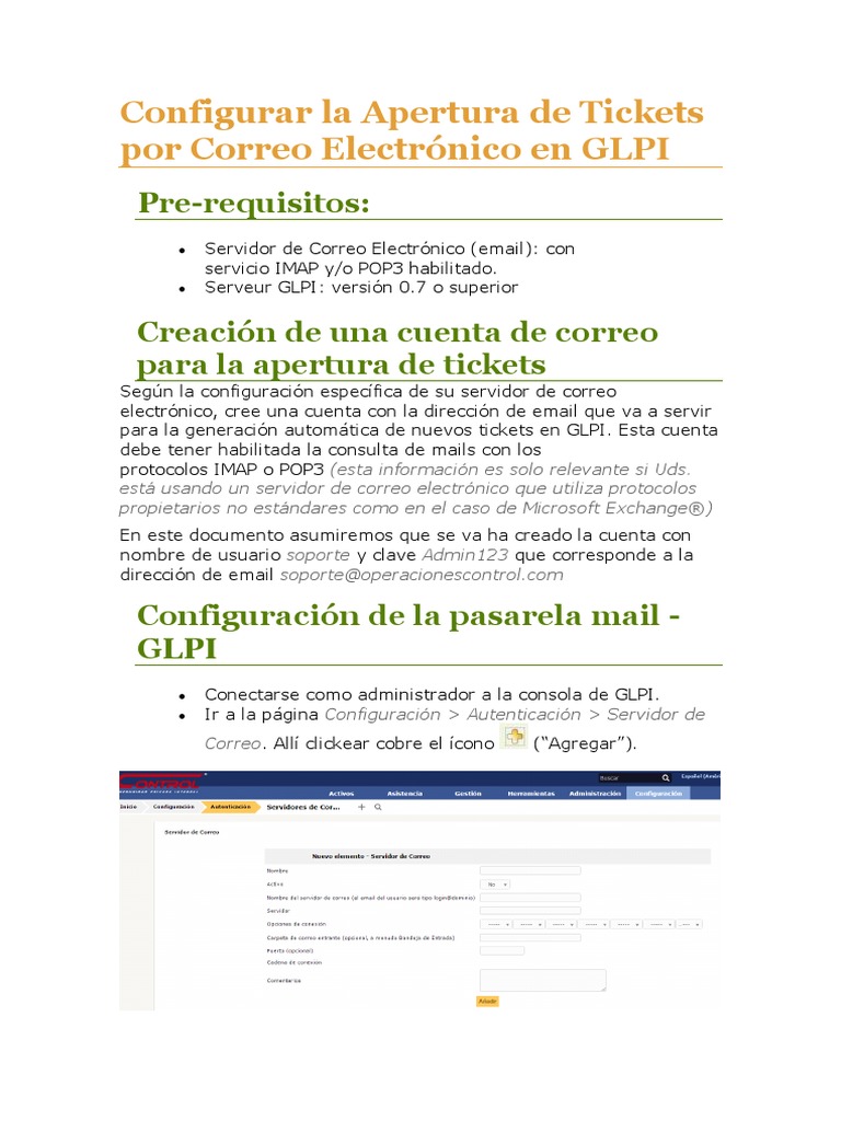 Configurar La Apertura de Tickets Por Correo Electronico en GLPI | PDF ...