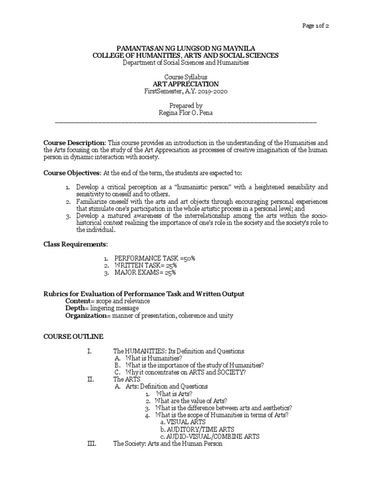 Art Appreciation Course Syllabus | PDF | Humanities | The Arts