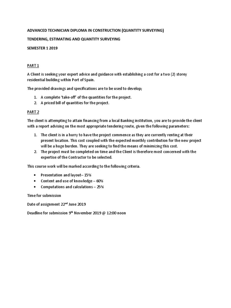 Tendering Estimating and QS - Assignment | PDF | Finance & Money Management