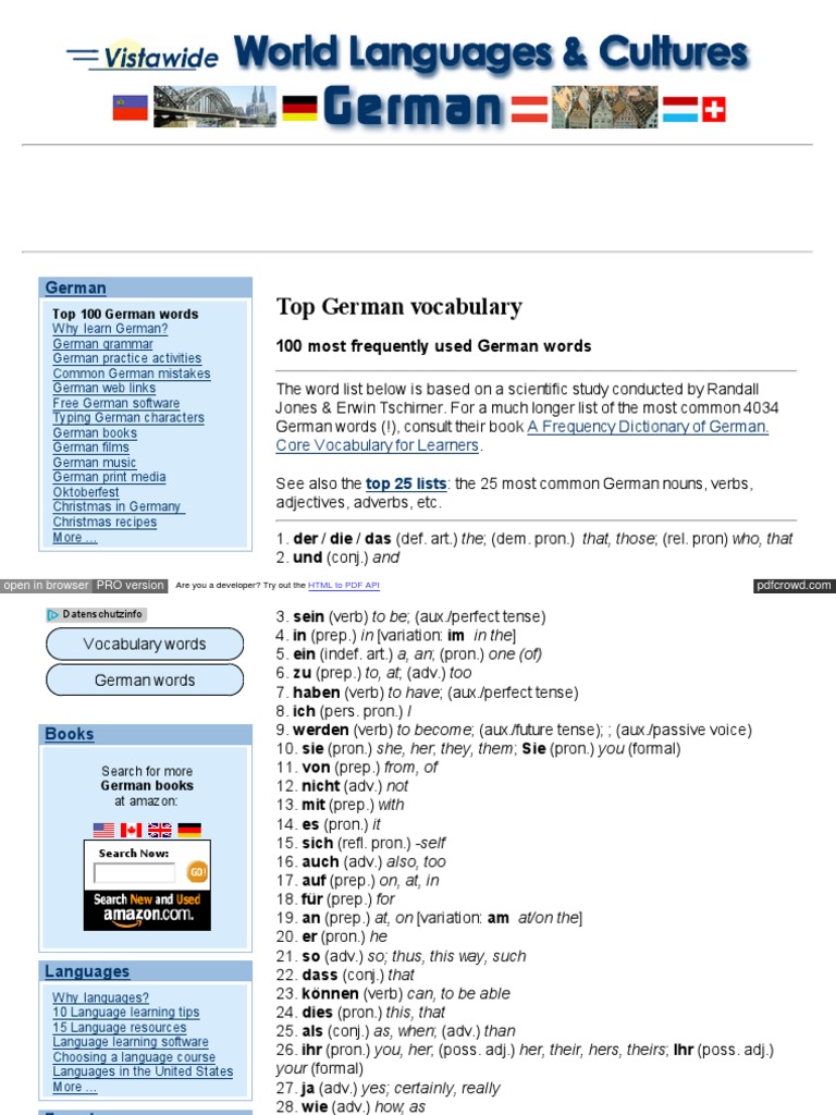 100 Most Frequently Used German Words | PDF | Language Mechanics ...
