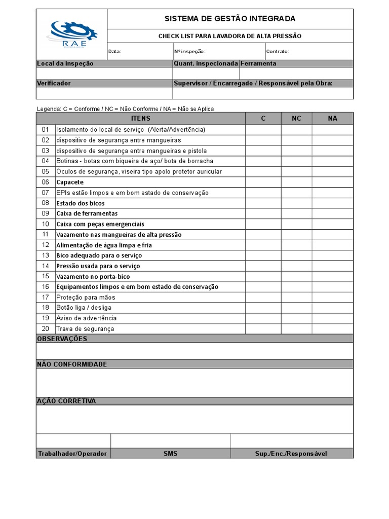 Formulario de Check List Lavadora de Pressão