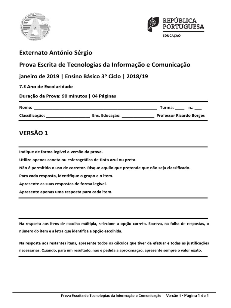 Teste TIC v1 7ano 1819 | PDF | Hardware de computador | Unidade central ...