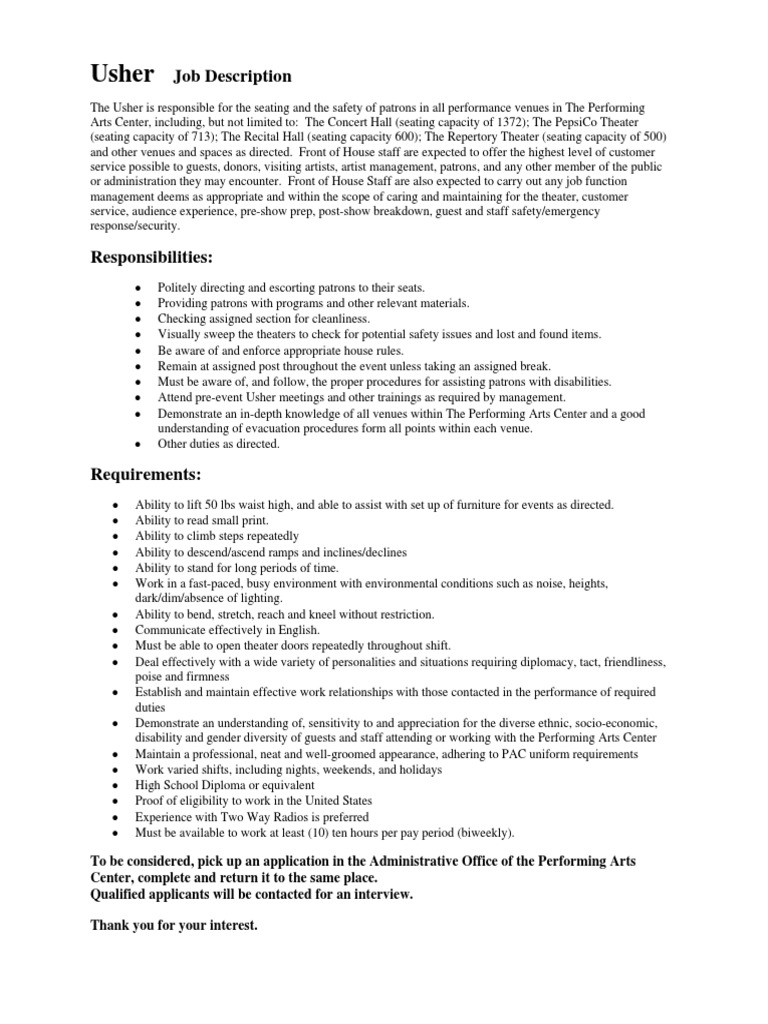 Usher Job Description | PDF | Business