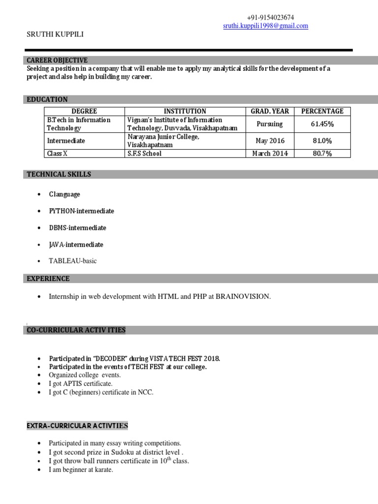 Resume of Sruthi Kuppili - IT Graduate | PDF | Cognition | Learning