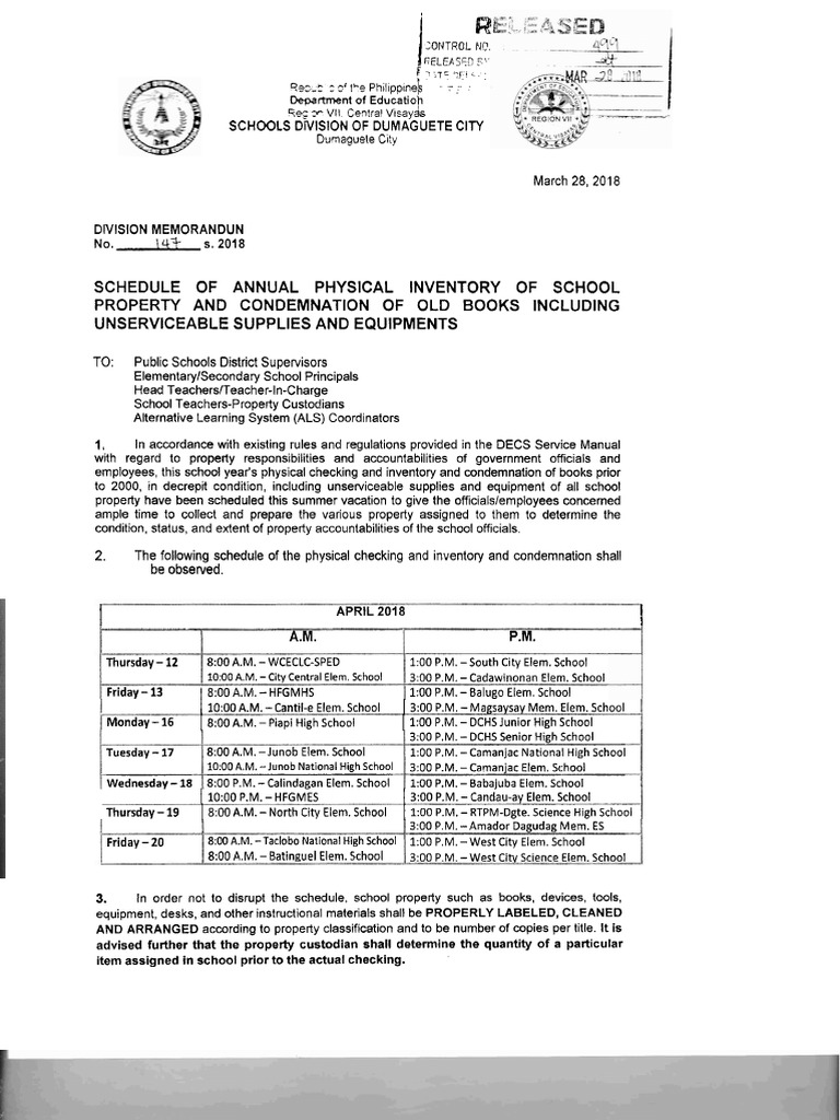 Schedule of Annual Physical Inventory of School Property and ...
