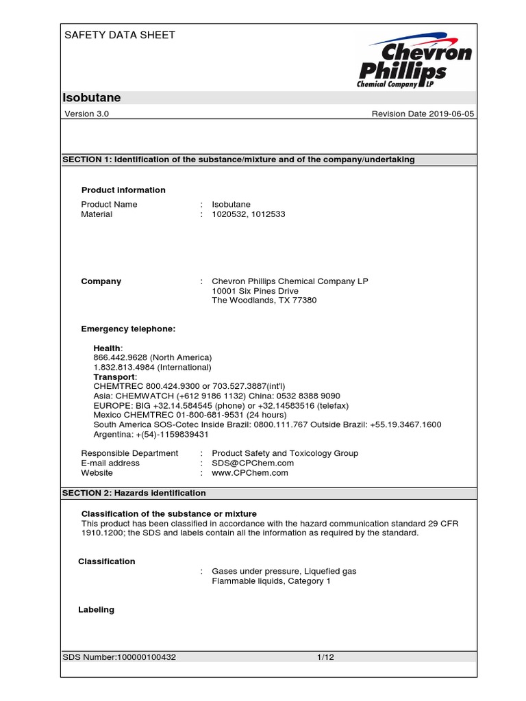 Isobutane: Safety Data Sheet | PDF | Toxicity | Dangerous Goods