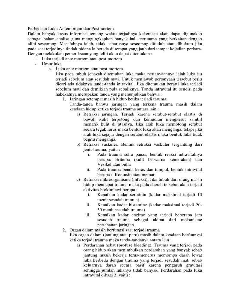 Perbedaan Luka Antemortem Dan Postmortem | PDF