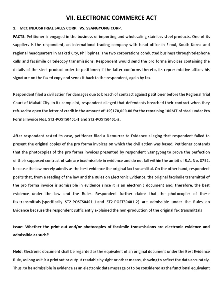 Vii. Electronic Commerce Act | PDF | Fax | Mortgage Loan