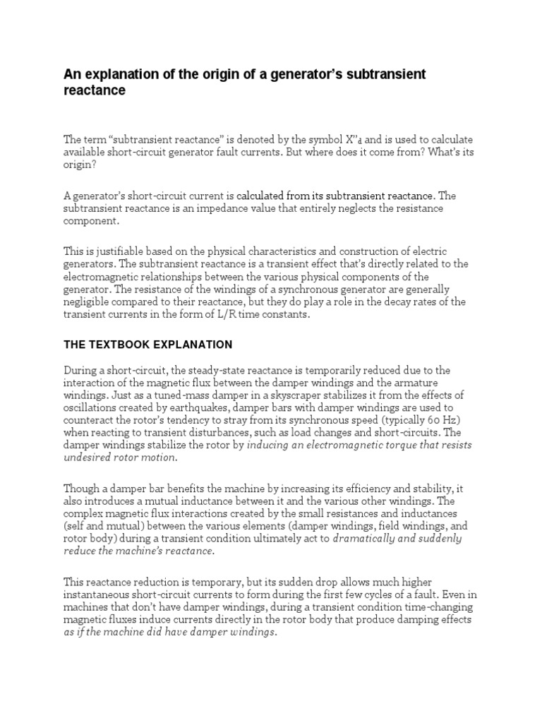 Generator Subtransient Reactance Explained | PDF | Electric Generator ...