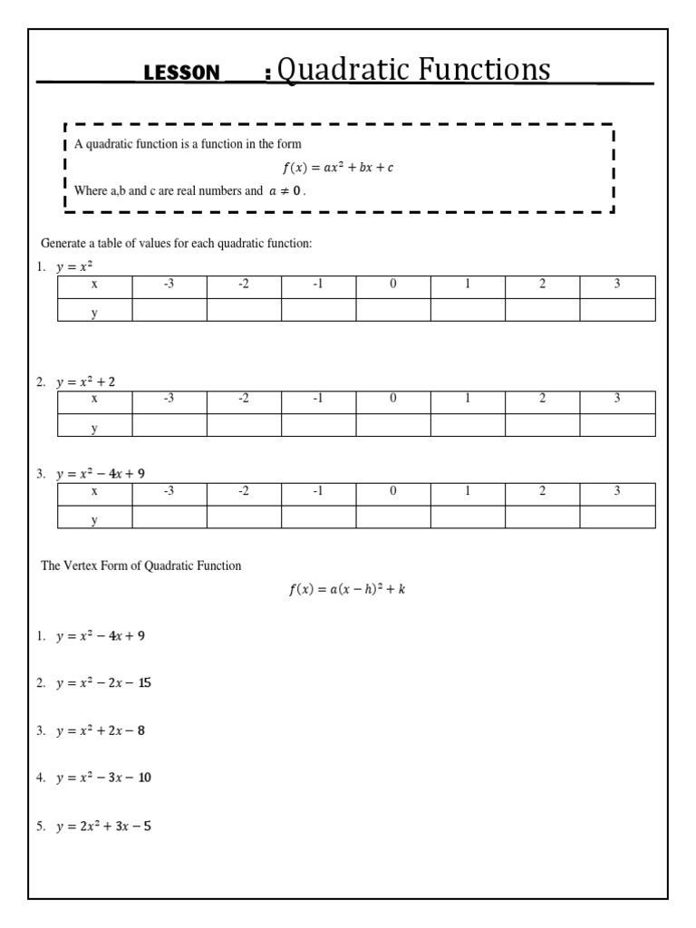 Quadratic Functions: LESSON | PDF | Mathematics Of Computing ...
