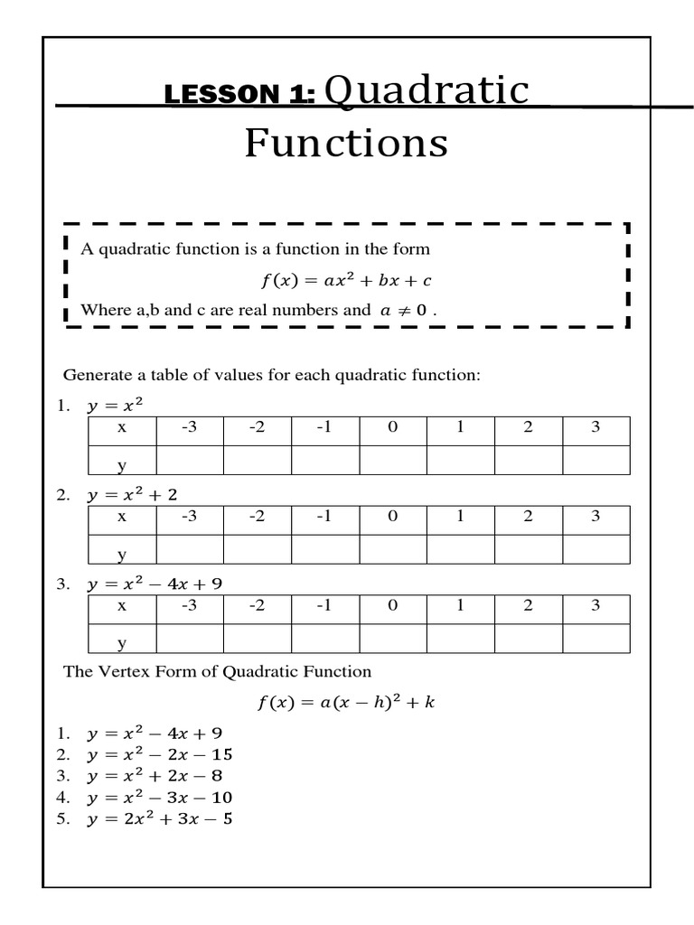 Quadratic Functions: Lesson 1 | PDF | Science & Mathematics