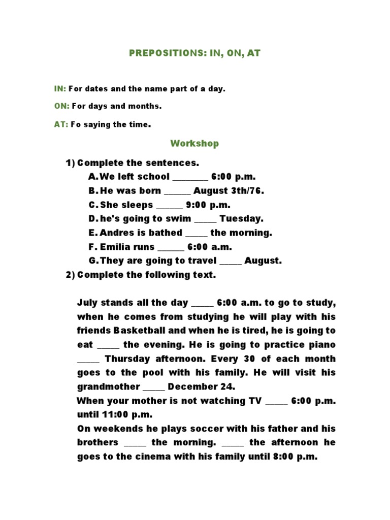 Prepositions: In, On, At: For Dates and The Name Part of A Day. For ...