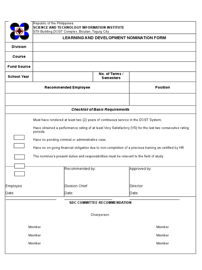 Learning and Development Nomination Form: Science and Technology ...