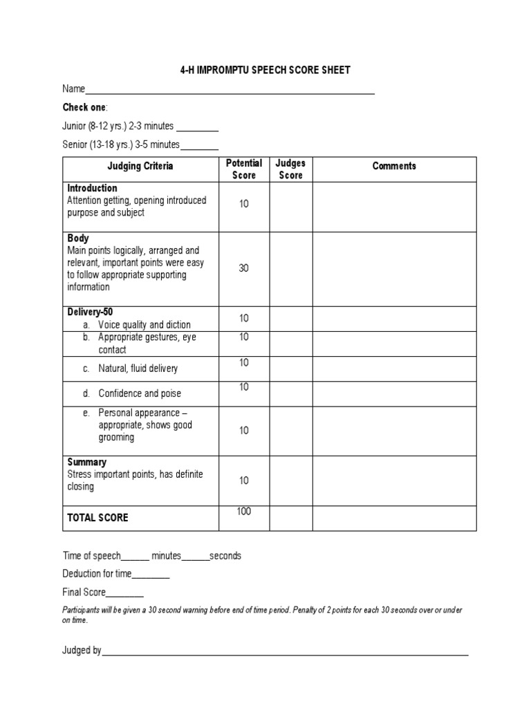 4-H Impromptu Speech Score Sheet Check One | PDF
