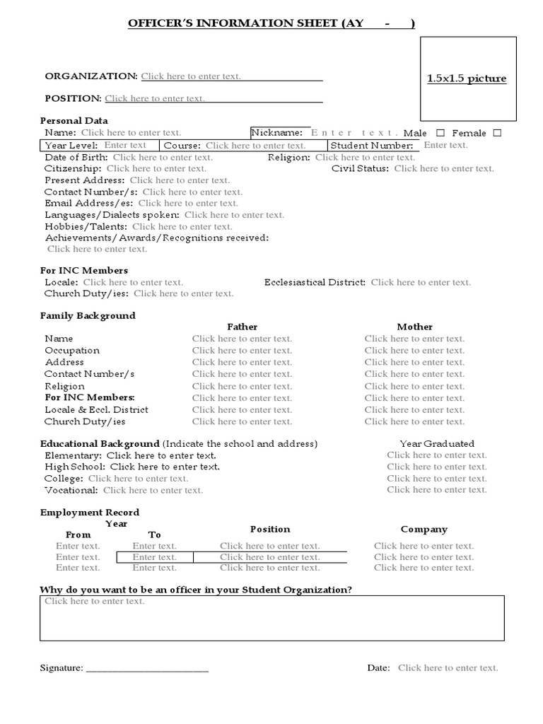 Officer'S Information Sheet (Ay - ) : 1.5x1.5 Picture | PDF | Human ...