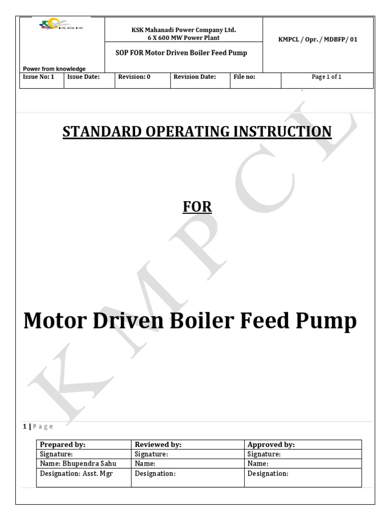 Standard Operating Procedure for Operating a Motor Driven Boiler Feed ...