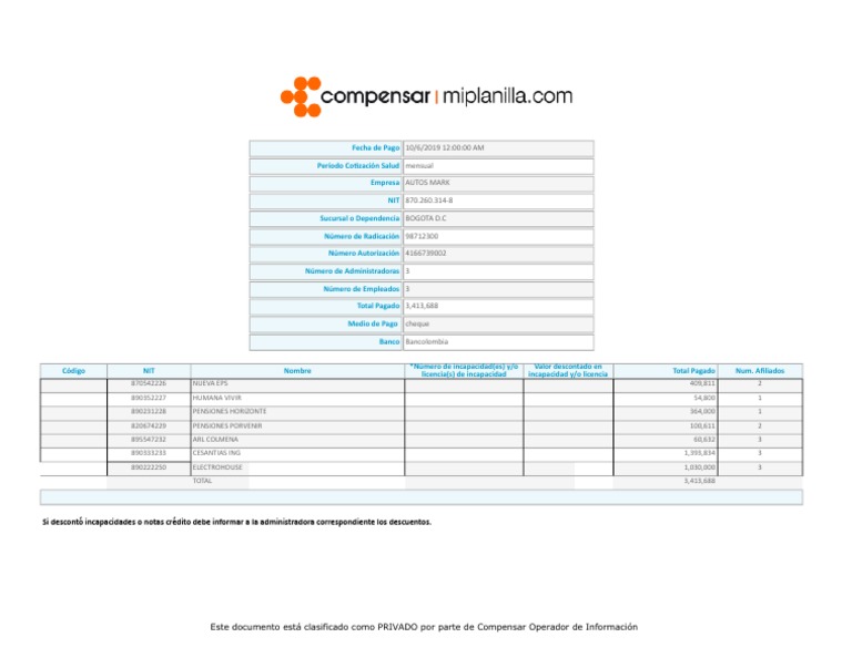 Formato Mi Planilla PAGO PILA | Descargar gratis PDF | Servicios financieros | Bancario