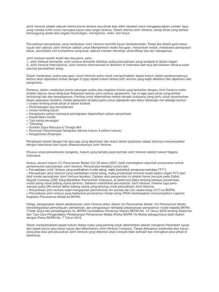 Joint Venture Adalah Sebuah Skema Bisnis Dimana Dua Pihak Atau Lebih ...
