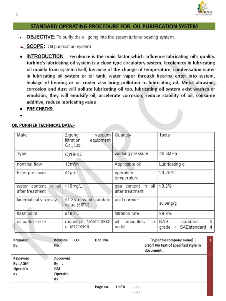 Sop For Oil Purification System | PDF | Lubricant | Valve