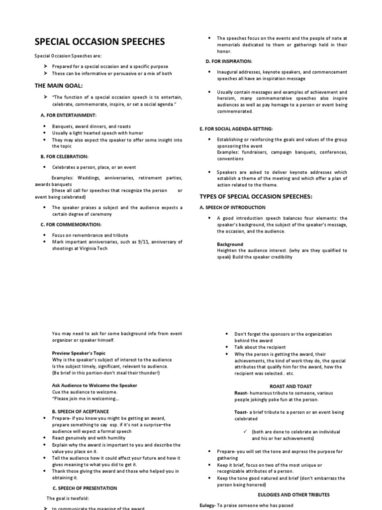 Types of Special Occasion Speeches | PDF | Public Speaking | Audience