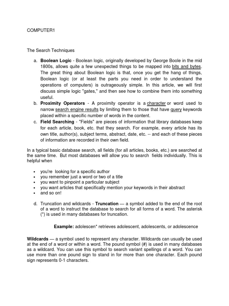 Techniques for Effective Searching: Boolean Logic, Proximity Operators, Field Searching ...