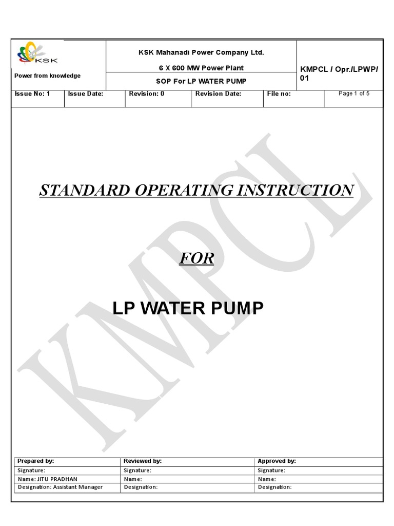 Sop For LP Pump | PDF | Pump | Power Station