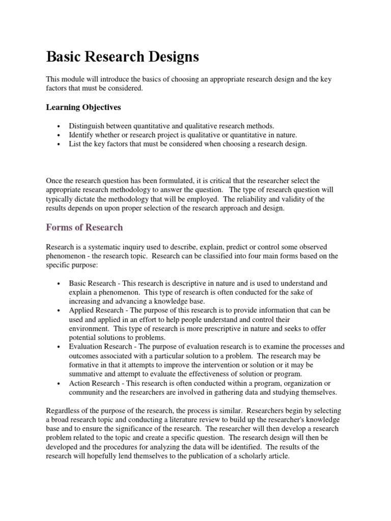 Basic Research Designs: Learning Objectives | PDF | Research Design ...