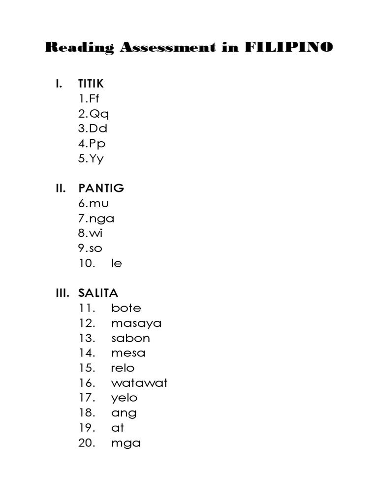Reading Assessment in FILIPINO | PDF