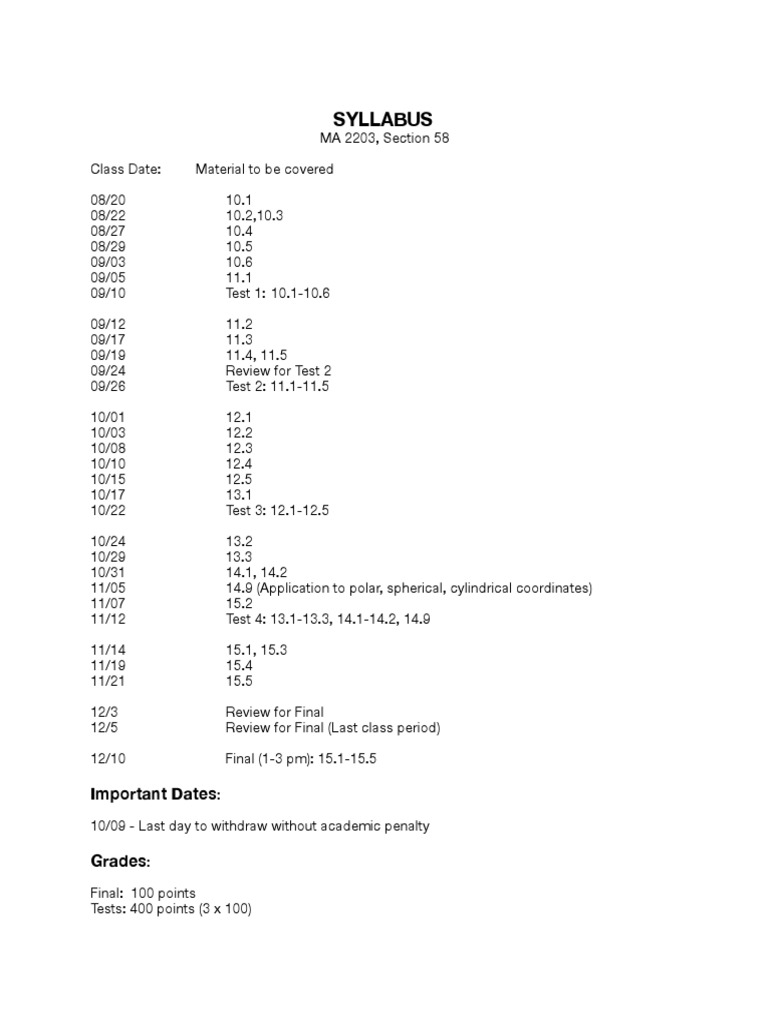 Calc 3 Syllabus Ksu | PDF | Quiz | Homework