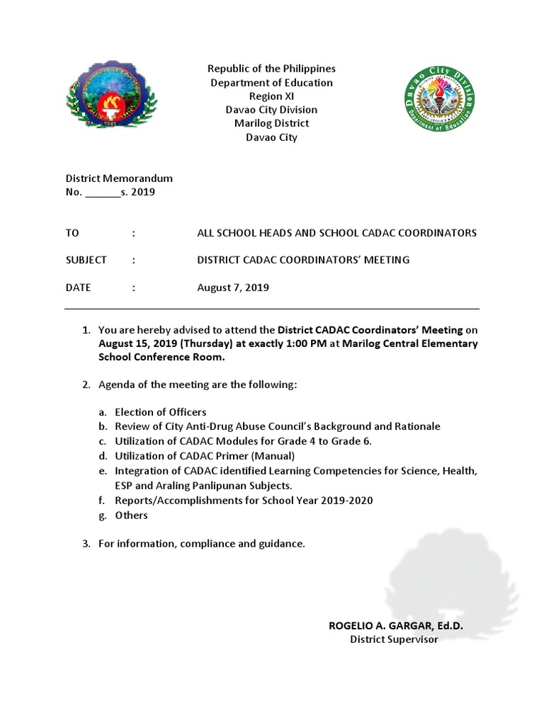 District Memorandum For Meeting | PDF | Behavior Modification | Learning