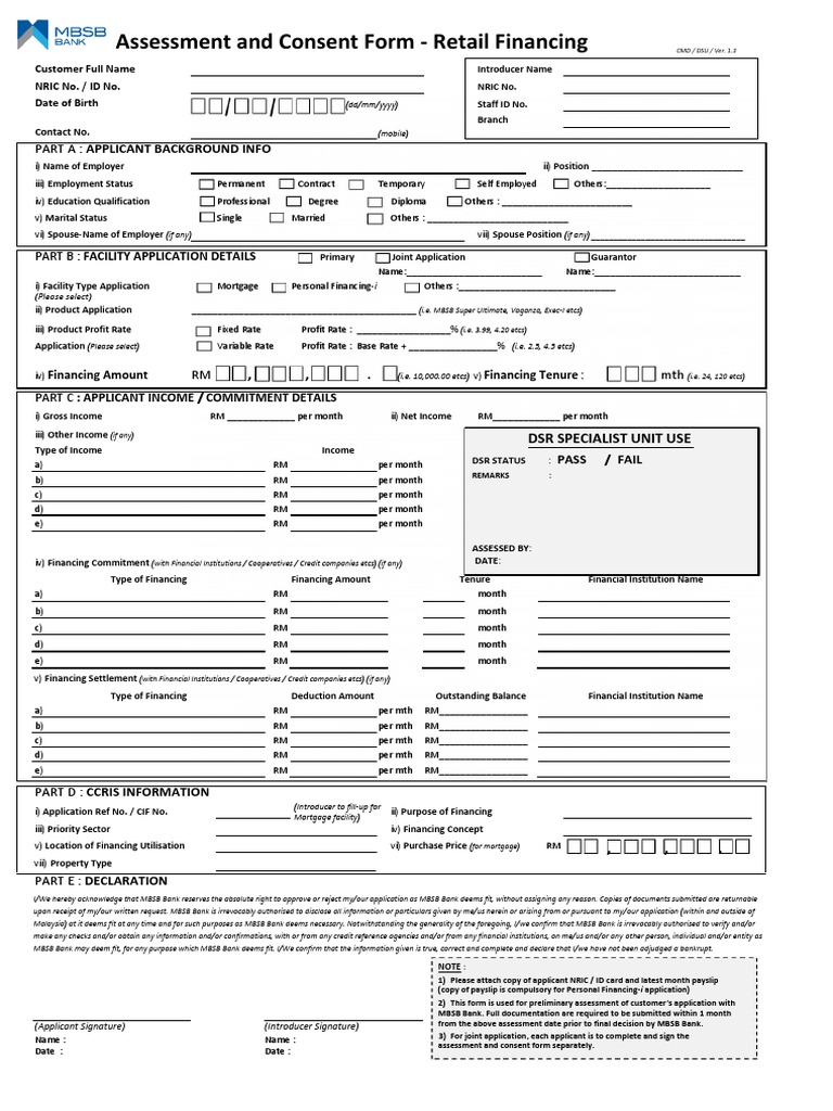 Assessment Consent Form - Retail Financing | PDF | Mortgage Loan | Banks