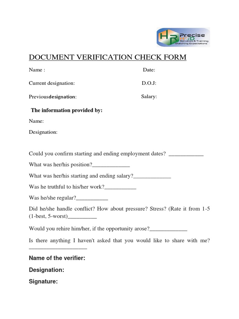 Document Verification Check Form: Name: Date: Current Designation: D.O ...