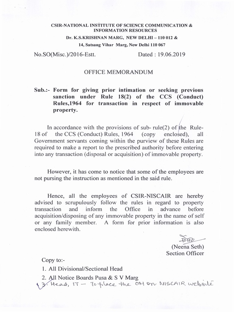 OM Immovable Prop Intimation 19jun19 | PDF | Government Of India | Property