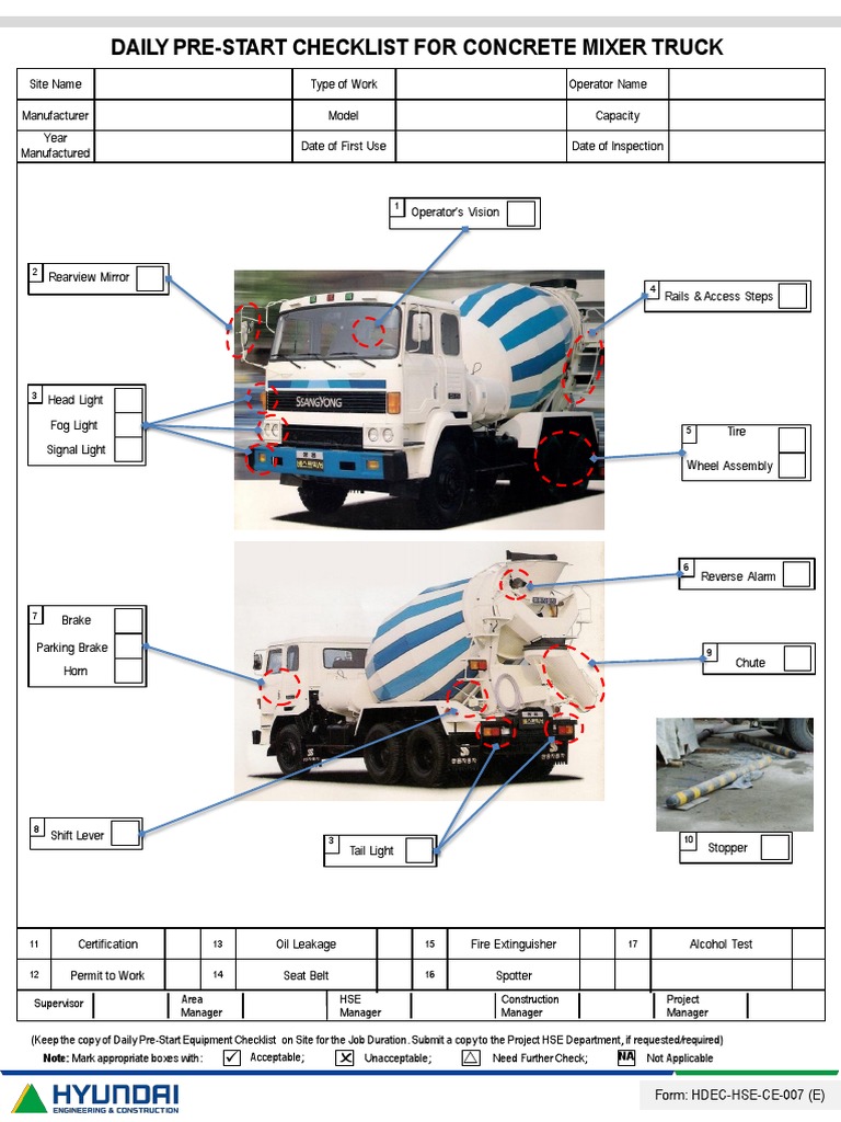 Daily Pre-Start Checklist For Concrete Mixer Truck: Form: HDEC-HSE-CE ...
